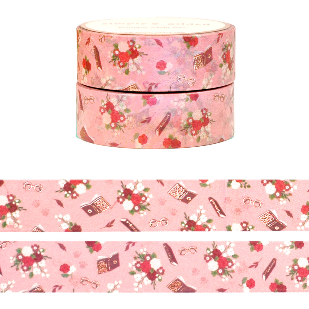 The Purrrfect Book Pattern washi set of 2 (15mm + rose gold foil ...