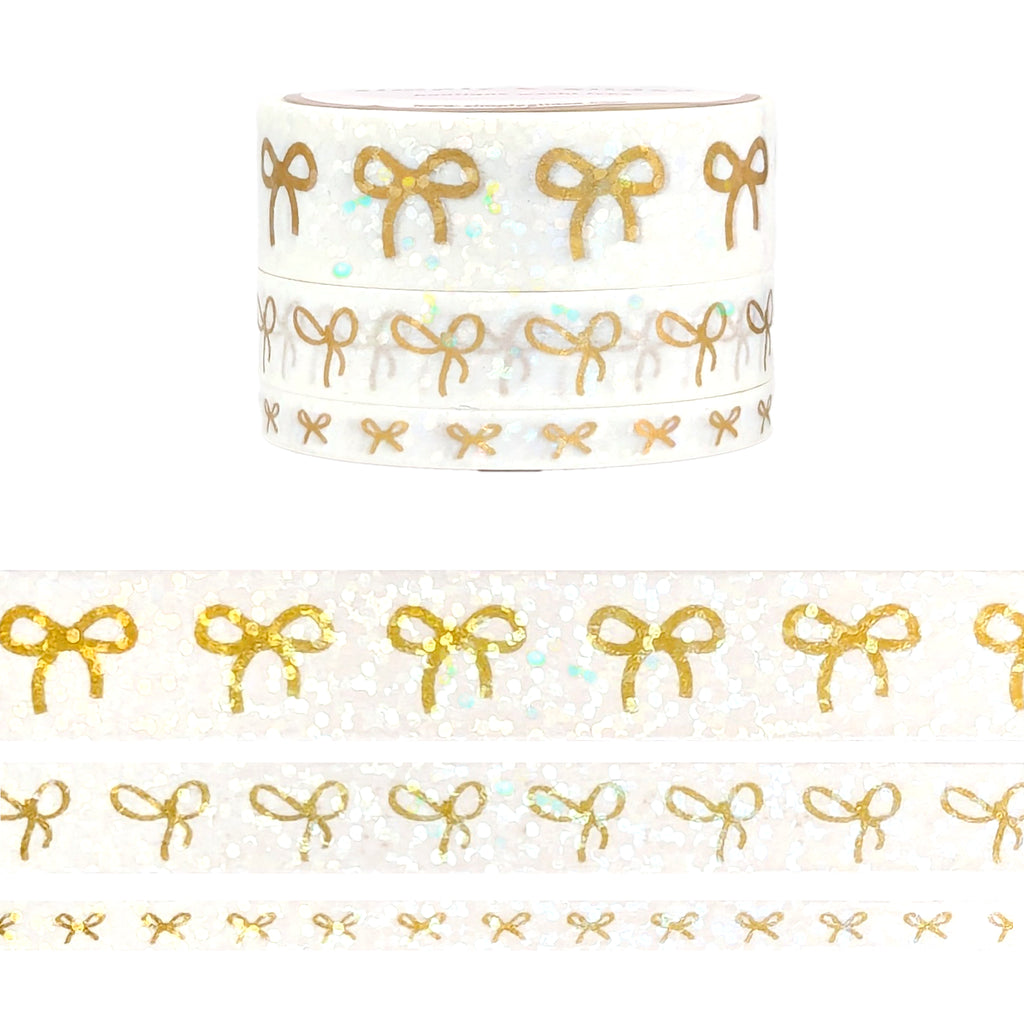 White Bubble Bow washi set of 3 (15/10/5mm + light gold holographic ...