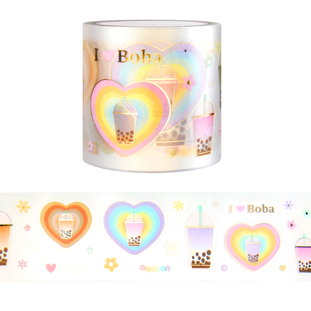I Love Boba PET Tape (50mm + light gold foil / bubble iridescent overl ...